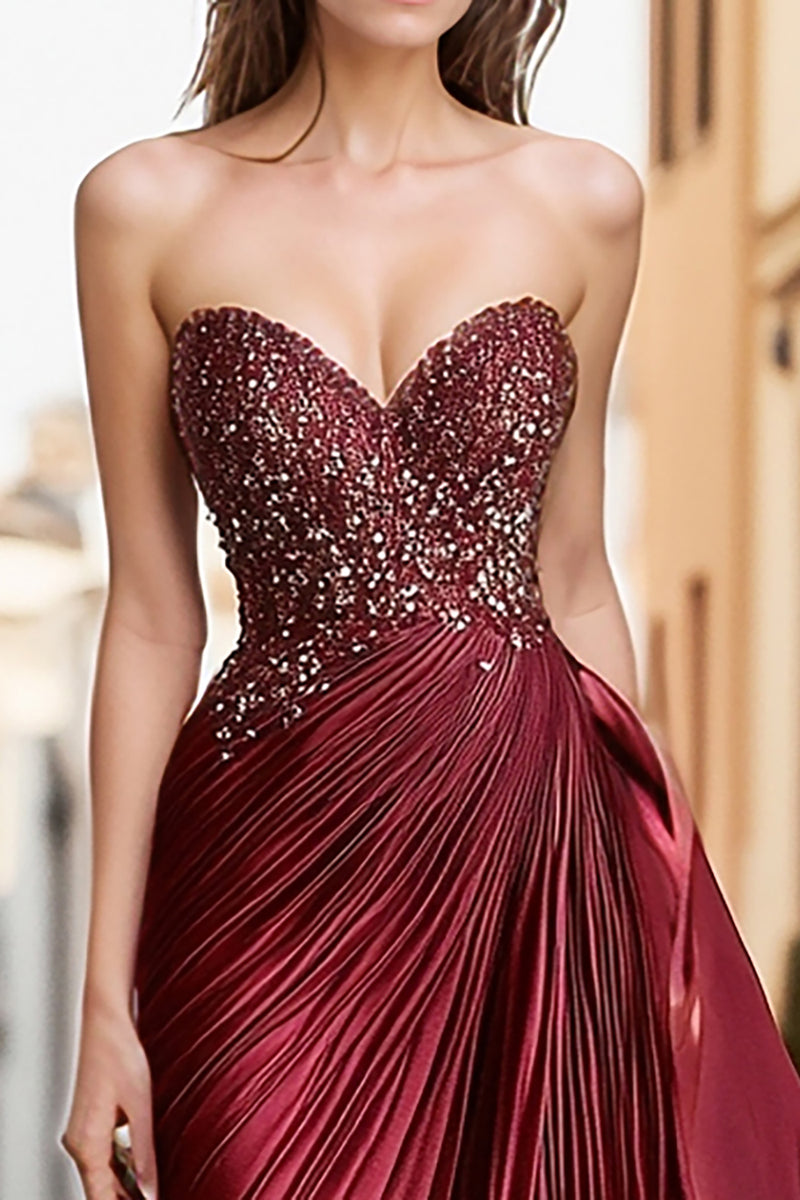 Queendancer Women Metallic Burgundy Sheath Prom Dress Strapless Corset Ruched Floor Length ...