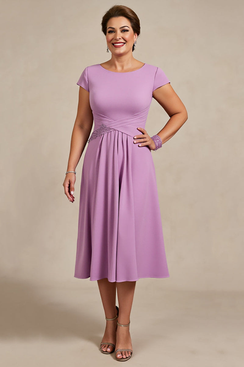 Queendancer Women Lilac A Line TMidi Mother of the Bride Dress with Short Sleeves Ruched Wedding ...