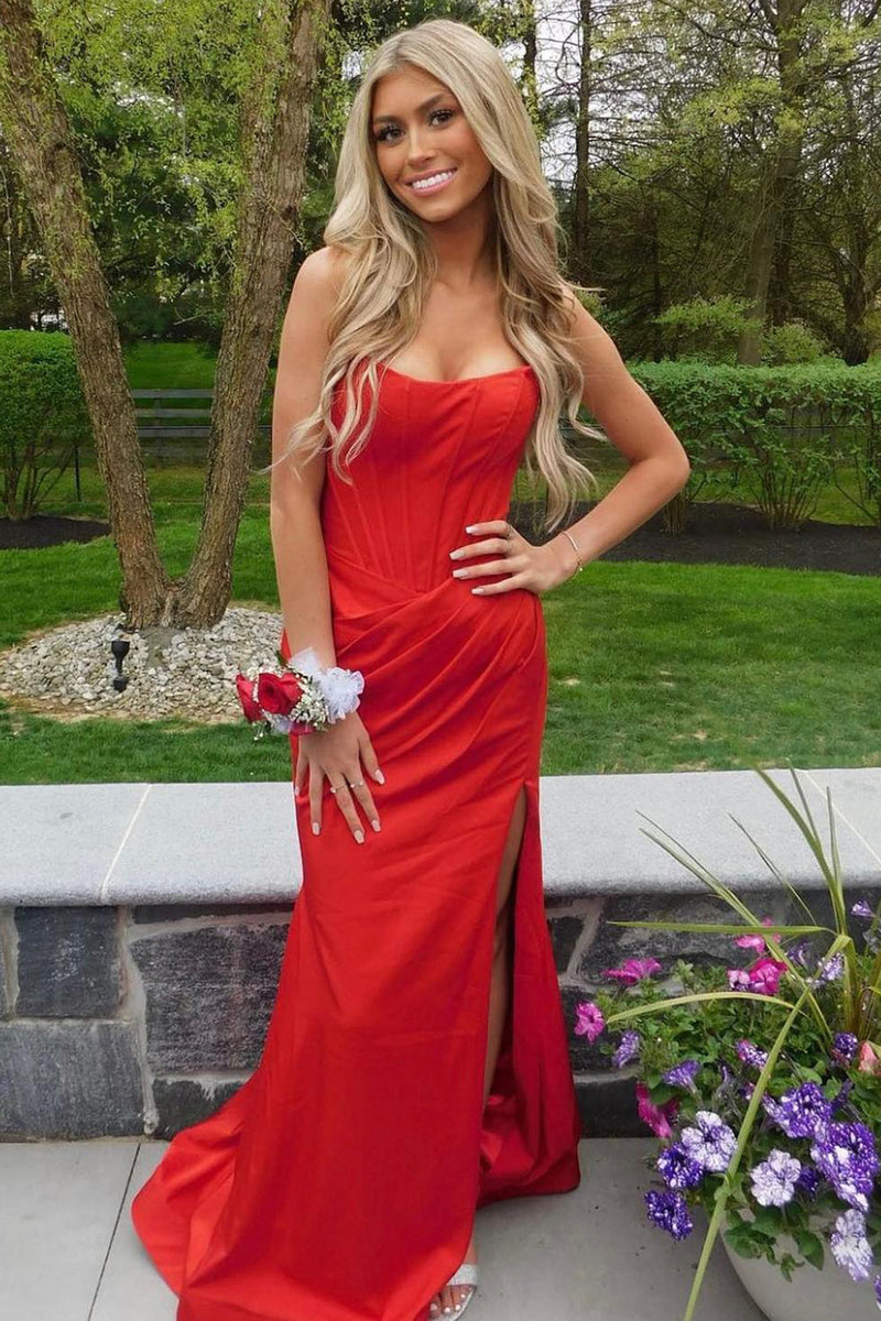 Queendancer Women Red Corset Prom Dress with Slit Satin Mermaid Strapless Evening Dress ...