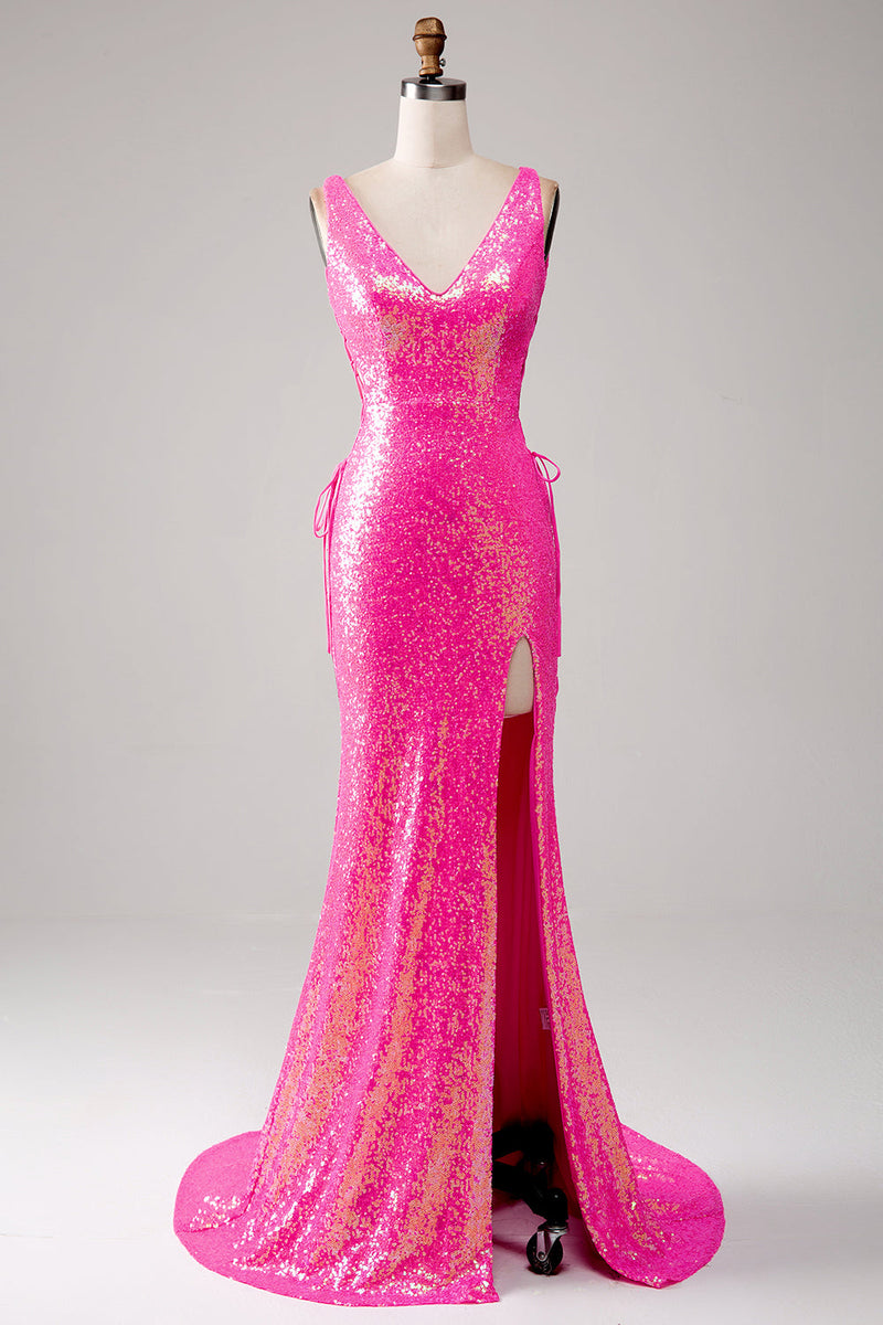 Queendancer Women Sparkly Hot Pink Prom Dress With Slit Mermaid V Neck