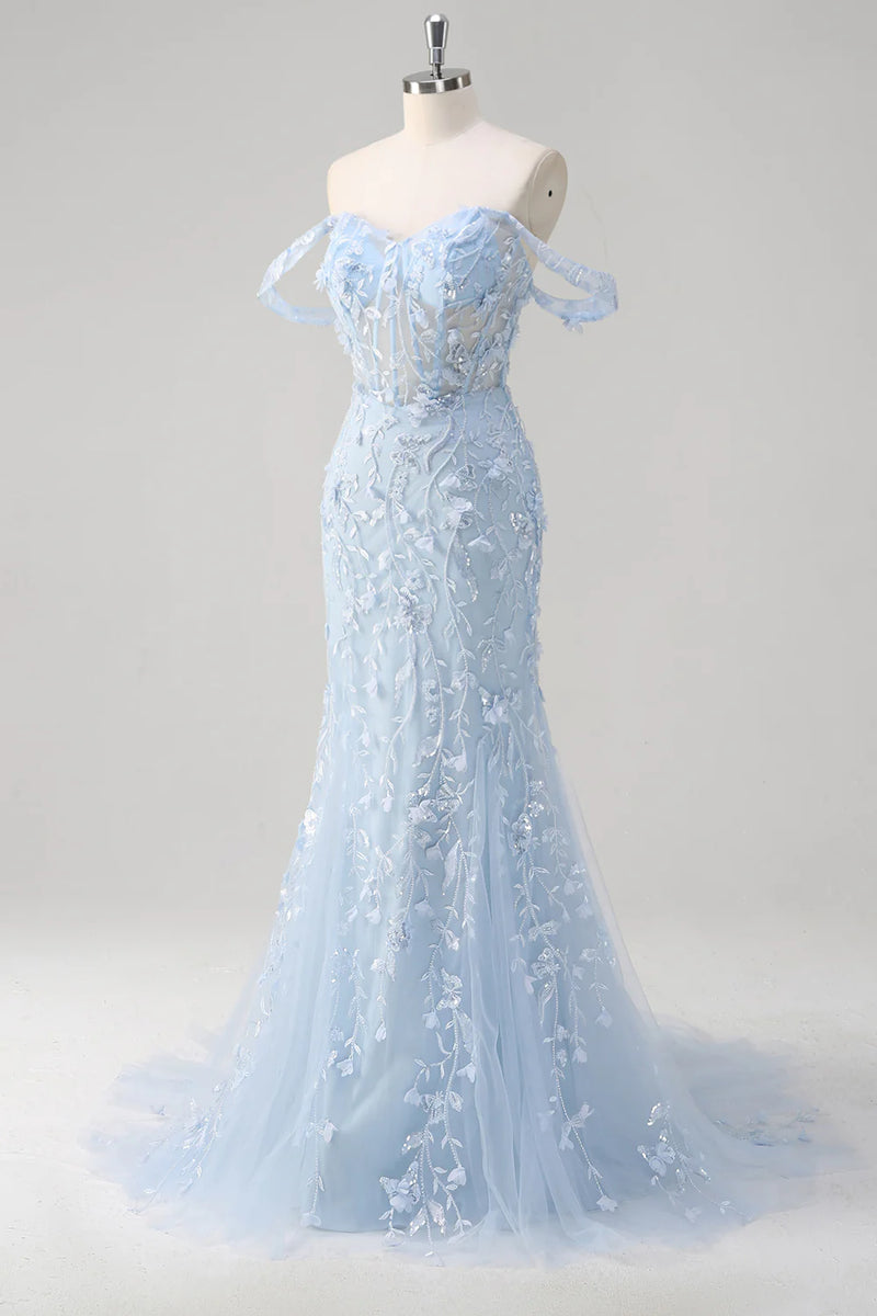 Queendancer Women Sparkly Blue Corset Prom Dress Tulle Mermaid Off The ...