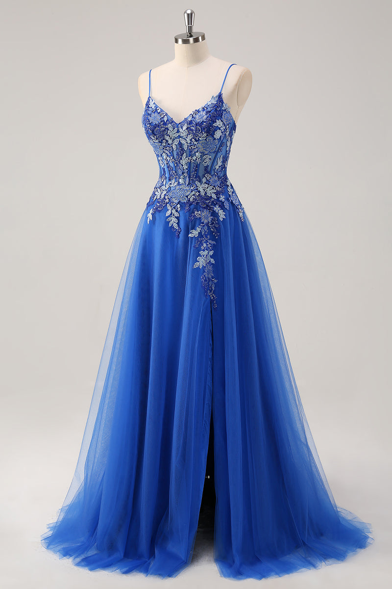 Queendancer Women Floral Royal Blue Corset Prom Dress with Appliques ...