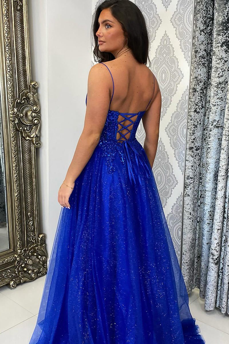 Queendancer Women Sparkly Royal Blue Corset Prom Dress with Slit Tulle ...