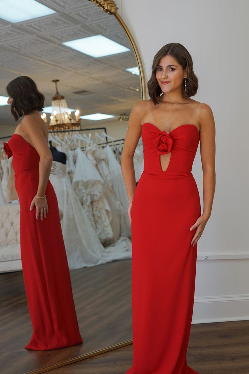Queendancer Women Simple Red Prom Dress with Flowers Mermaid Strapless ...