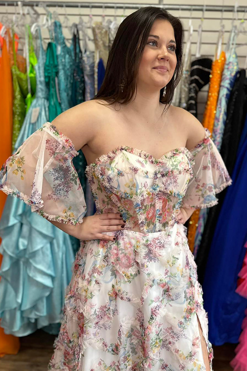 Queendancer Women White Floral Corset Prom Dress with Ruffles A Line ...