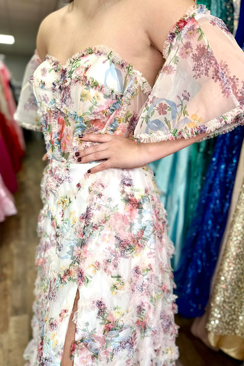 Queendancer Women White Floral Corset Prom Dress with Ruffles A Line ...