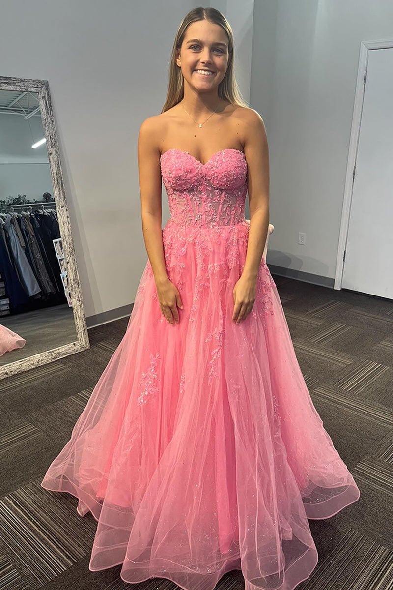 Queendancer Women Sparkly Pink Corset Prom Dress with Appliques Tulle A ...