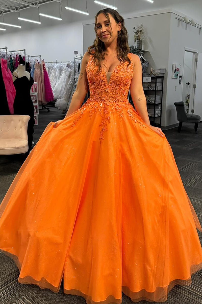 Queendancer Women Sparkly Orange Corset Prom Dress with Appliques ...