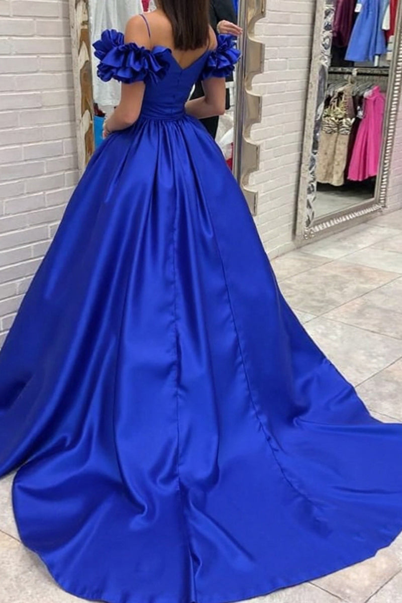 Queendancer Women Royal Blue Ball Gown Satin Prom Dress with Ruffled ...