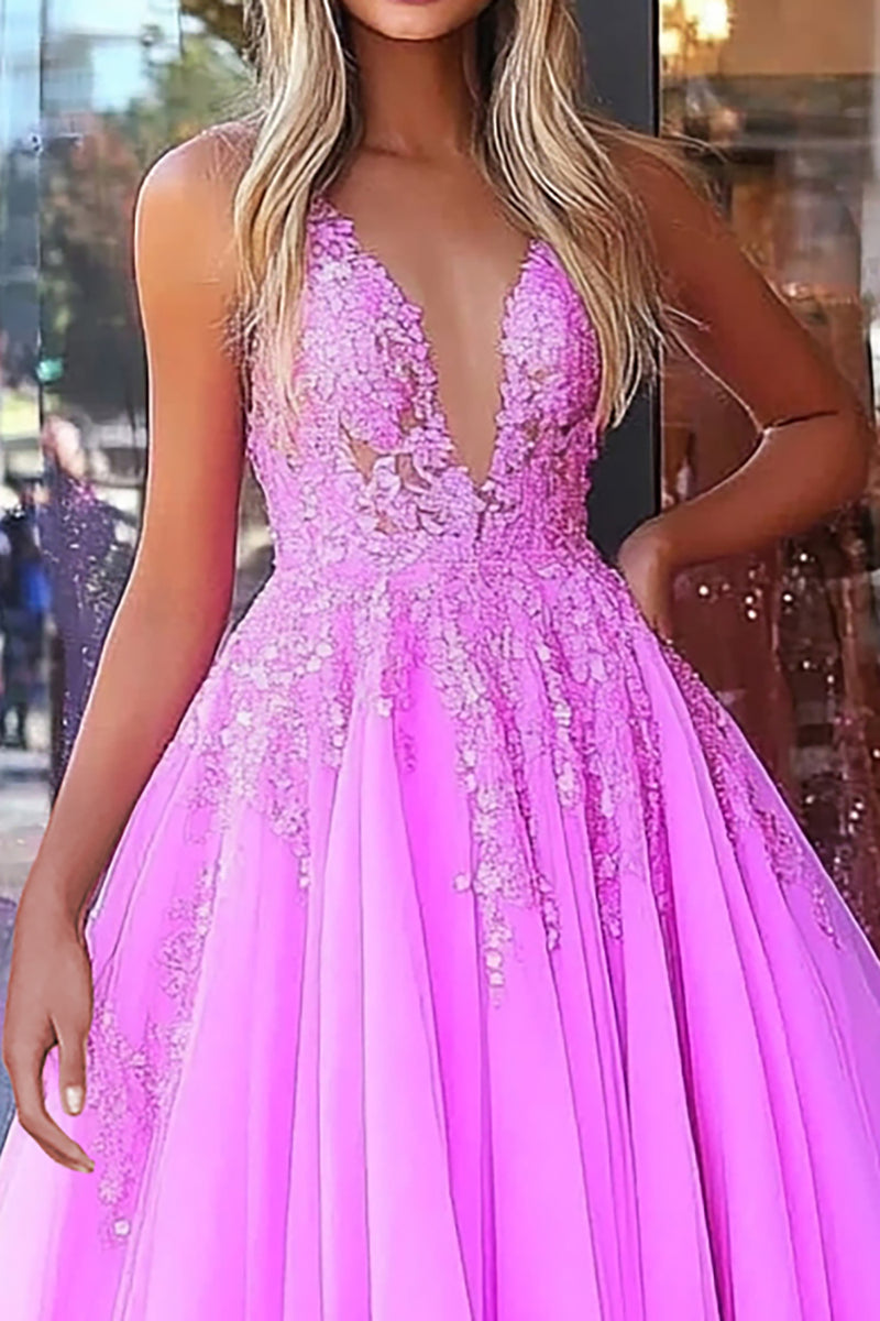 Queendancer Women Fuchsia Ball Gown Tulle Prom Dress with Lace ...