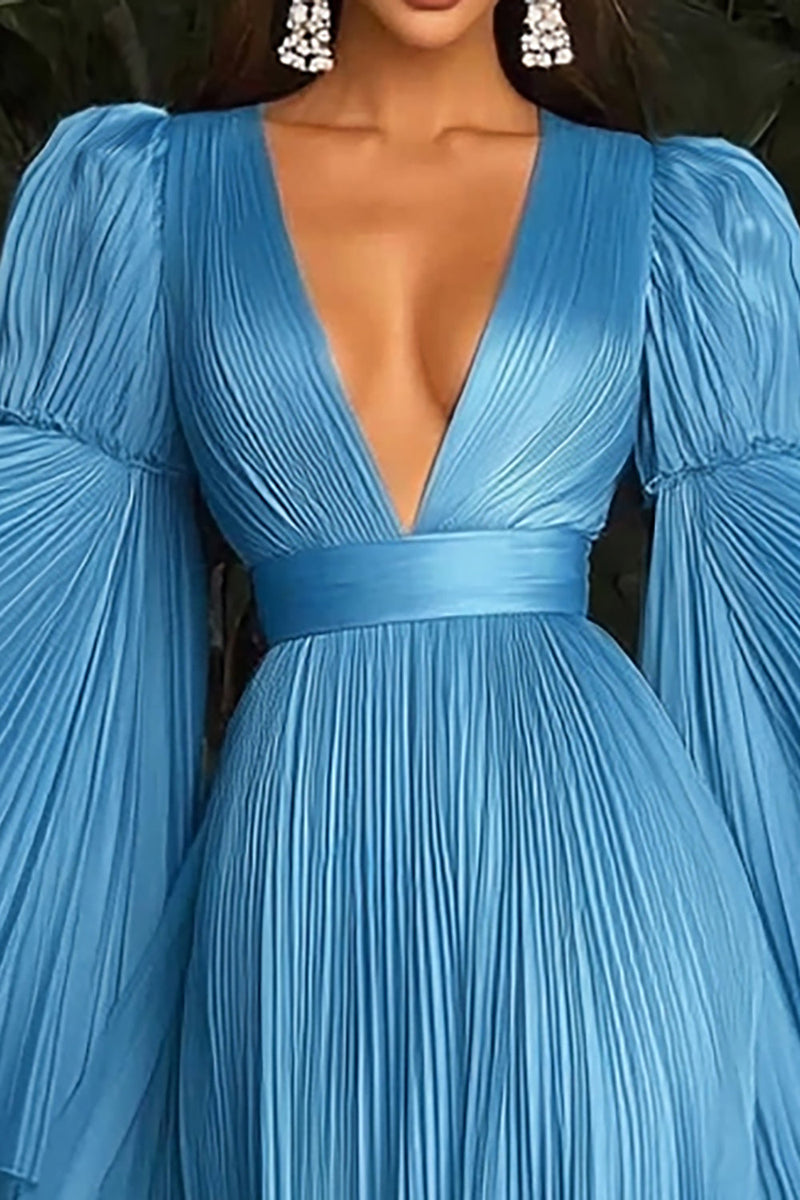 Queendancer Women Blue Pleated A Line Gala Dress with Long Sleeves Deep ...