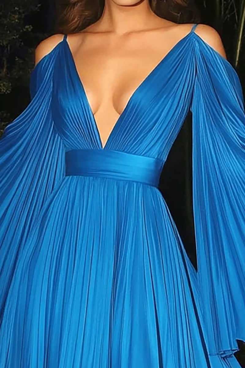 Queendancer Women Blue Chiffon A Line Pleated Gala Dress with Flutter ...