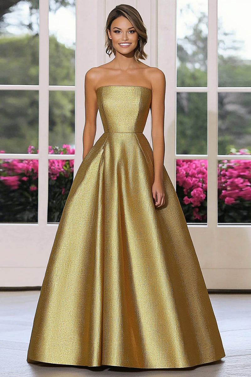 Queendancer Women Gold Ball Gown Metallic Satin Gala Dress Strapless A ...