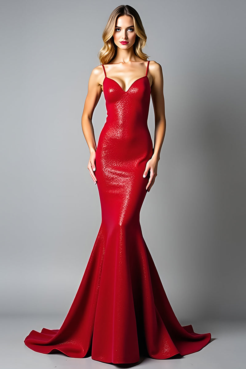 Queendancer Women Glitter Mermaid Dark Red Backless Long Prom Dress ...