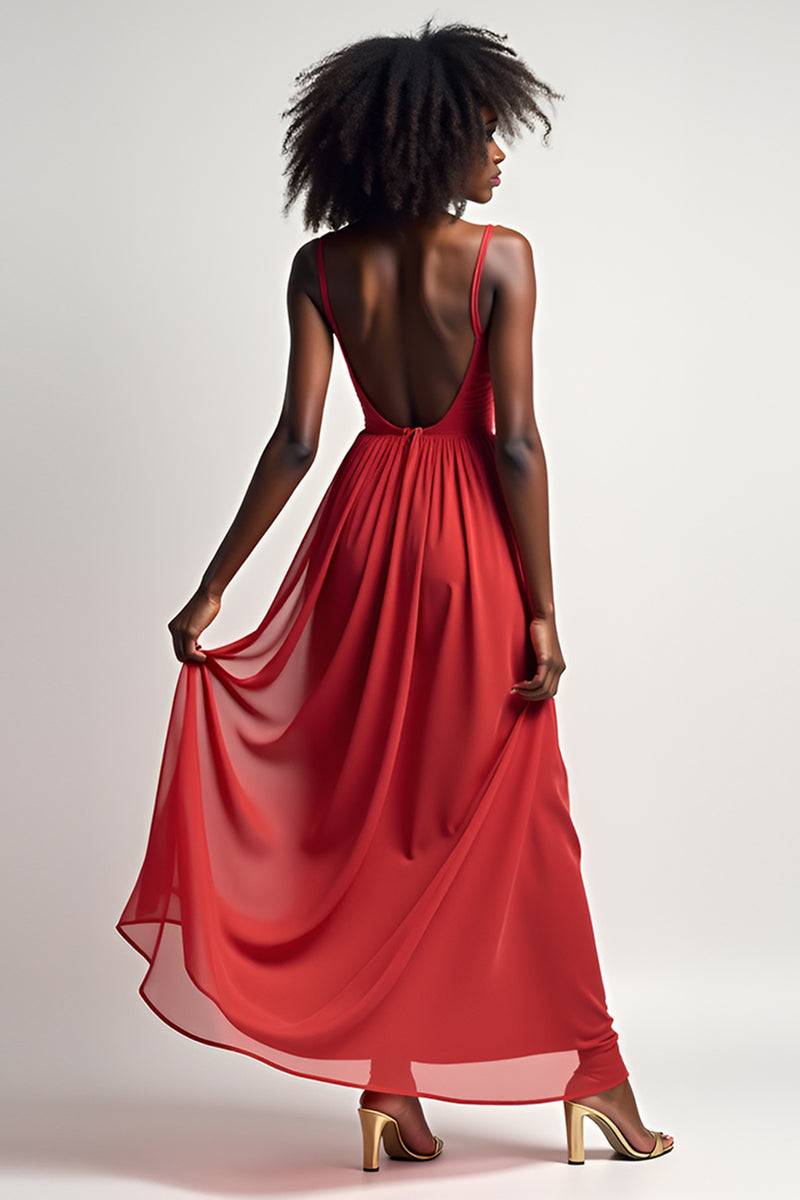 Queendancer Women Red Flowy A Line Long Chiffon Bridesmaid Dress V-Neck ...