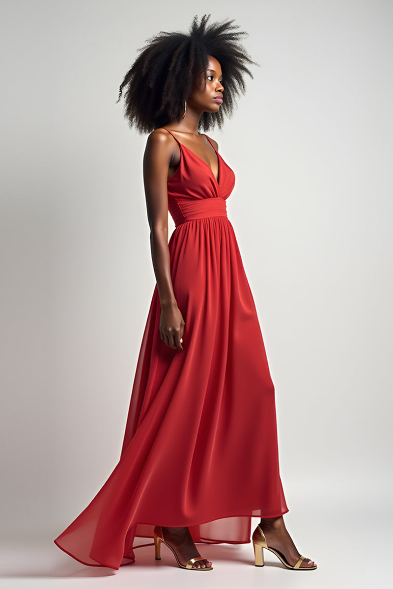 Queendancer Women Red Flowy A Line Long Chiffon Bridesmaid Dress V-Neck ...