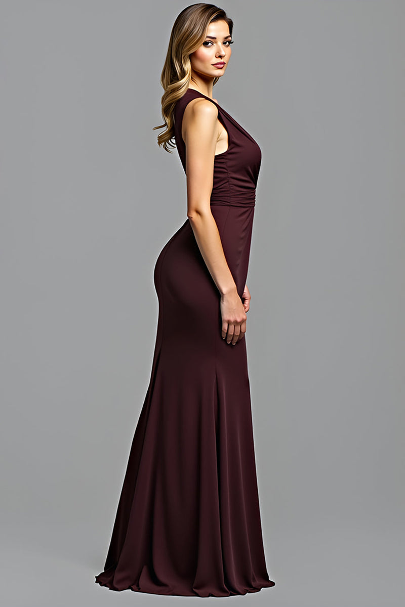 Queendancer Women Cabernet Satin Sheath Deep V-Neck Ruched Formal Dress ...