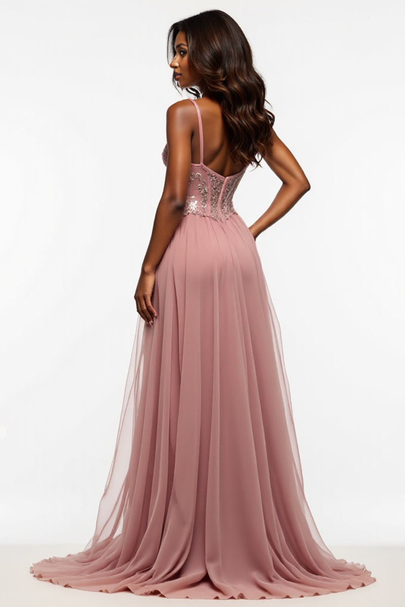 Queendancer Women Dusty Rose Tulle Corset Long Prom Dess wit Slit V ...