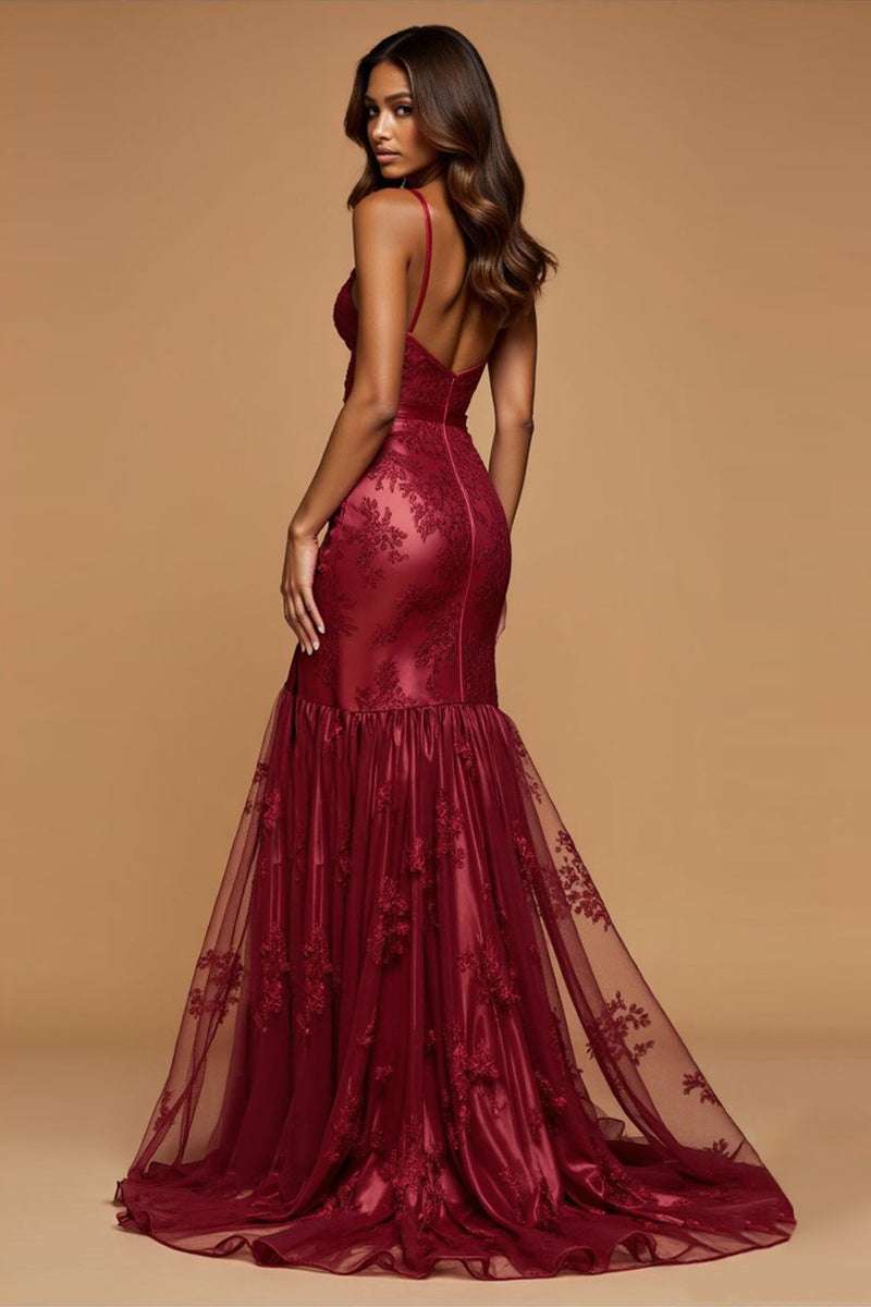 Queendancer Women Sparkly Dark Red Mermaid Tulle Corset Prom Dress with ...