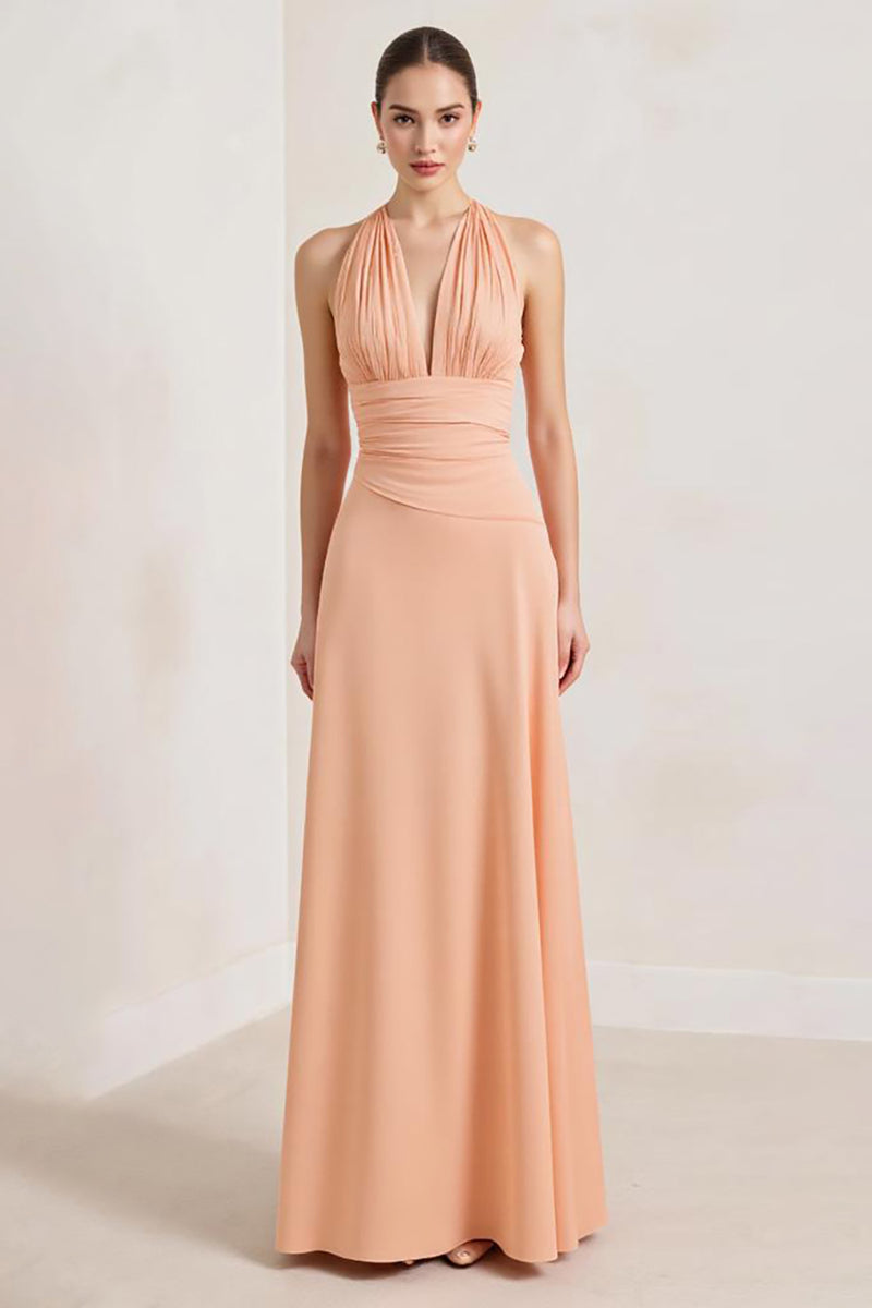 Queendancer Women Peach A Line Chiffon Long Formal Dress V-Neck ...