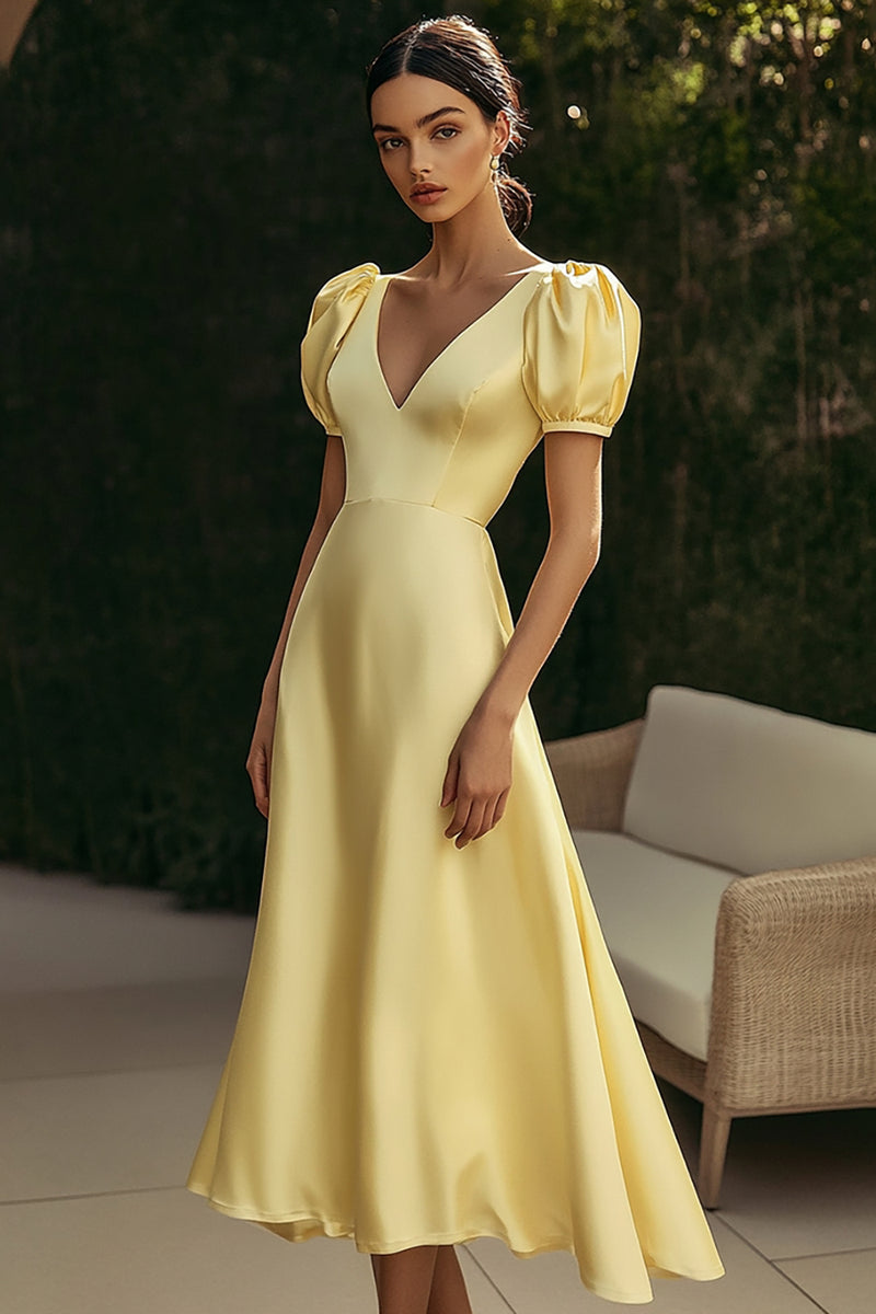 Queendancer Women Yellow A Line Satin Long Formal Dress Puff Sleeves V ...