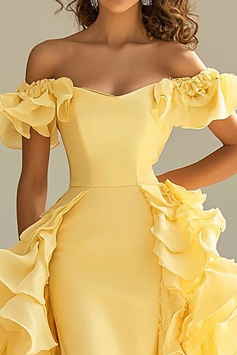 Queendancer Women Yellow Satin Mermaid Long Prom Dress Off the Shoulder ...