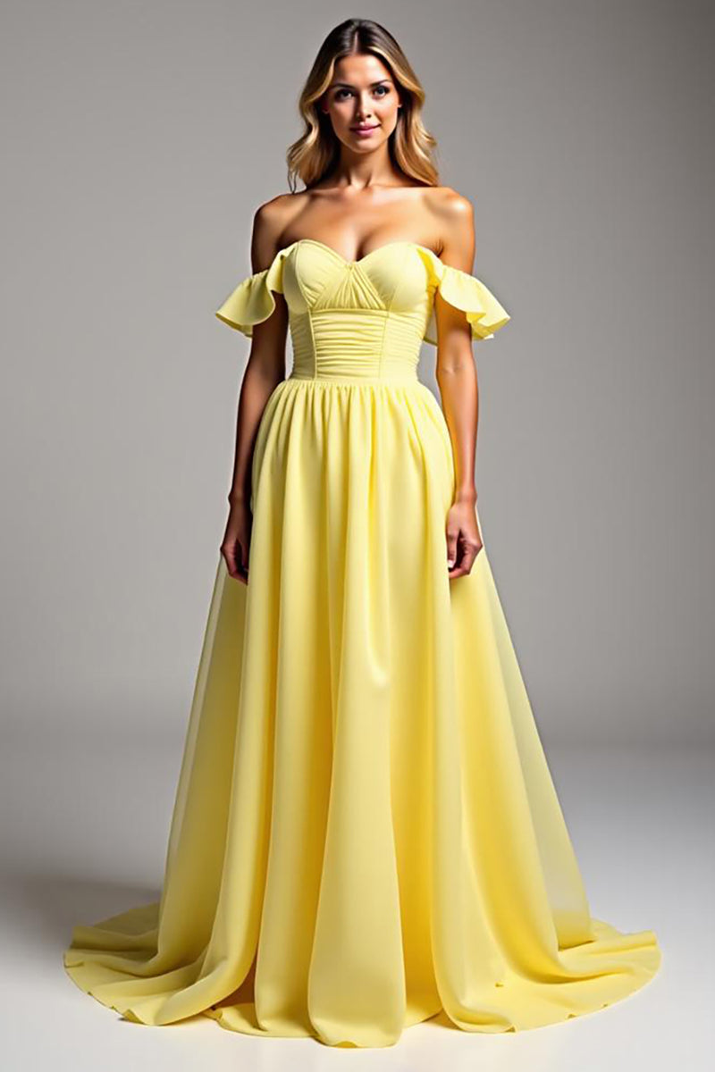 Queendancer Women Light Yellow Chiffon Long Prom Dress with Ruffles Off ...