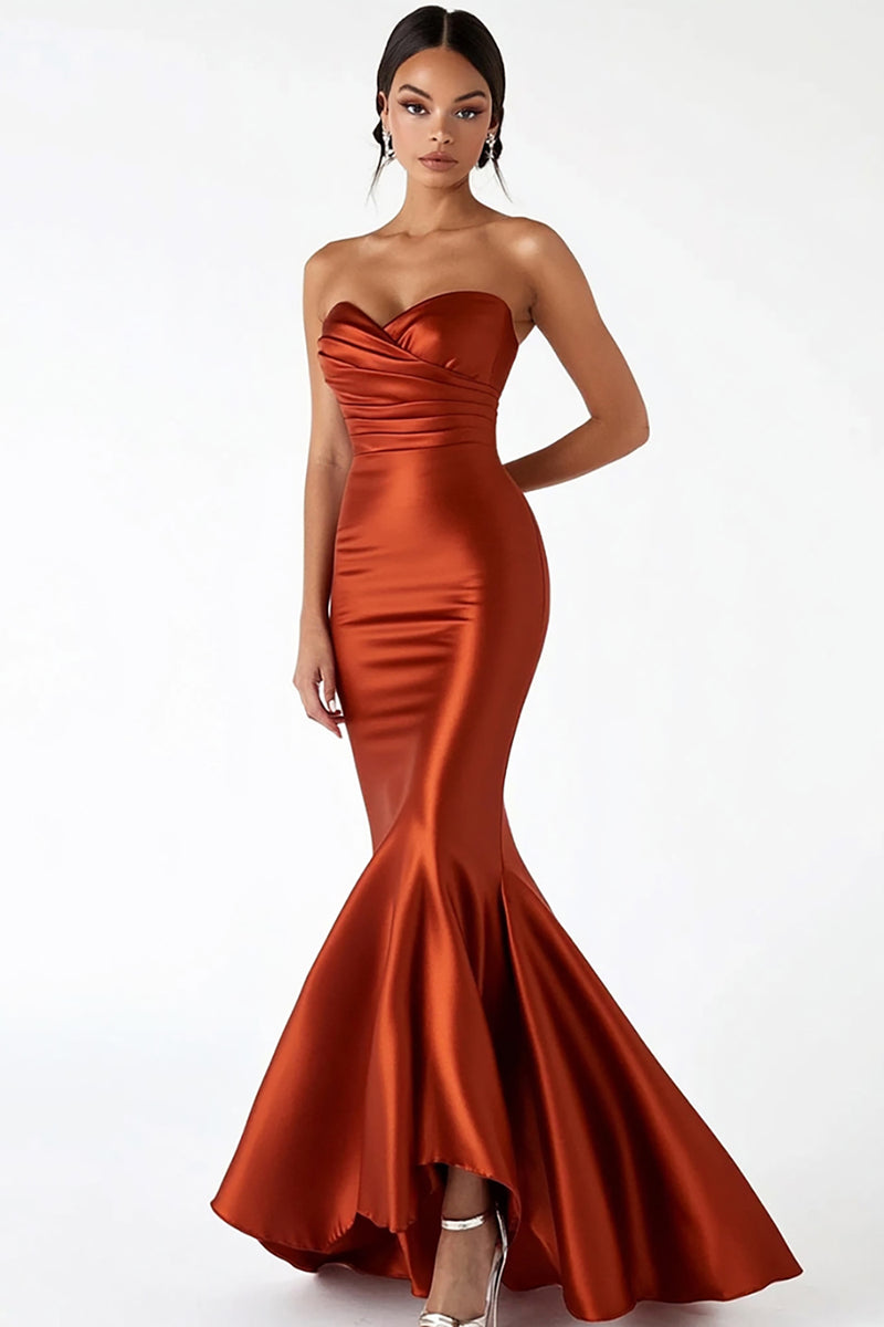 Queendancer Women Rust Ruched Long Prom Dress Sweetheart Satin Mermaid ...