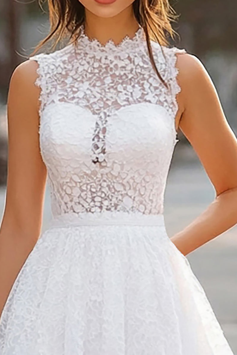 Queendancer Women White Lace Short Graduation Dress High Neck A Line ...