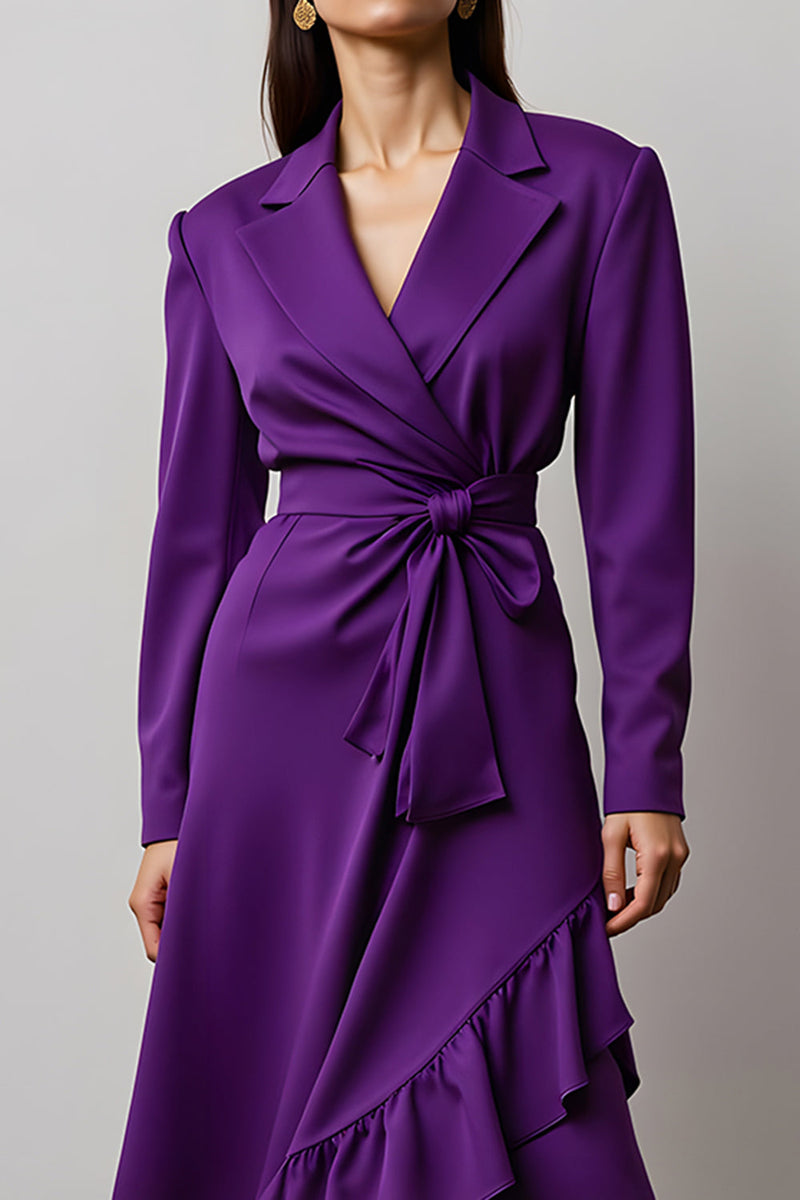 Queendancer Women Dark Purple A-Line Long Sleeves Work Dress with Sash ...