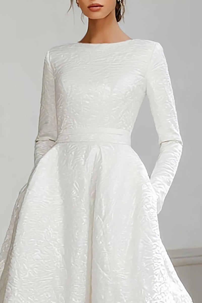 Queendancer Women Ivory Jacquard Sweep Train Wedding Dress A Line Round ...