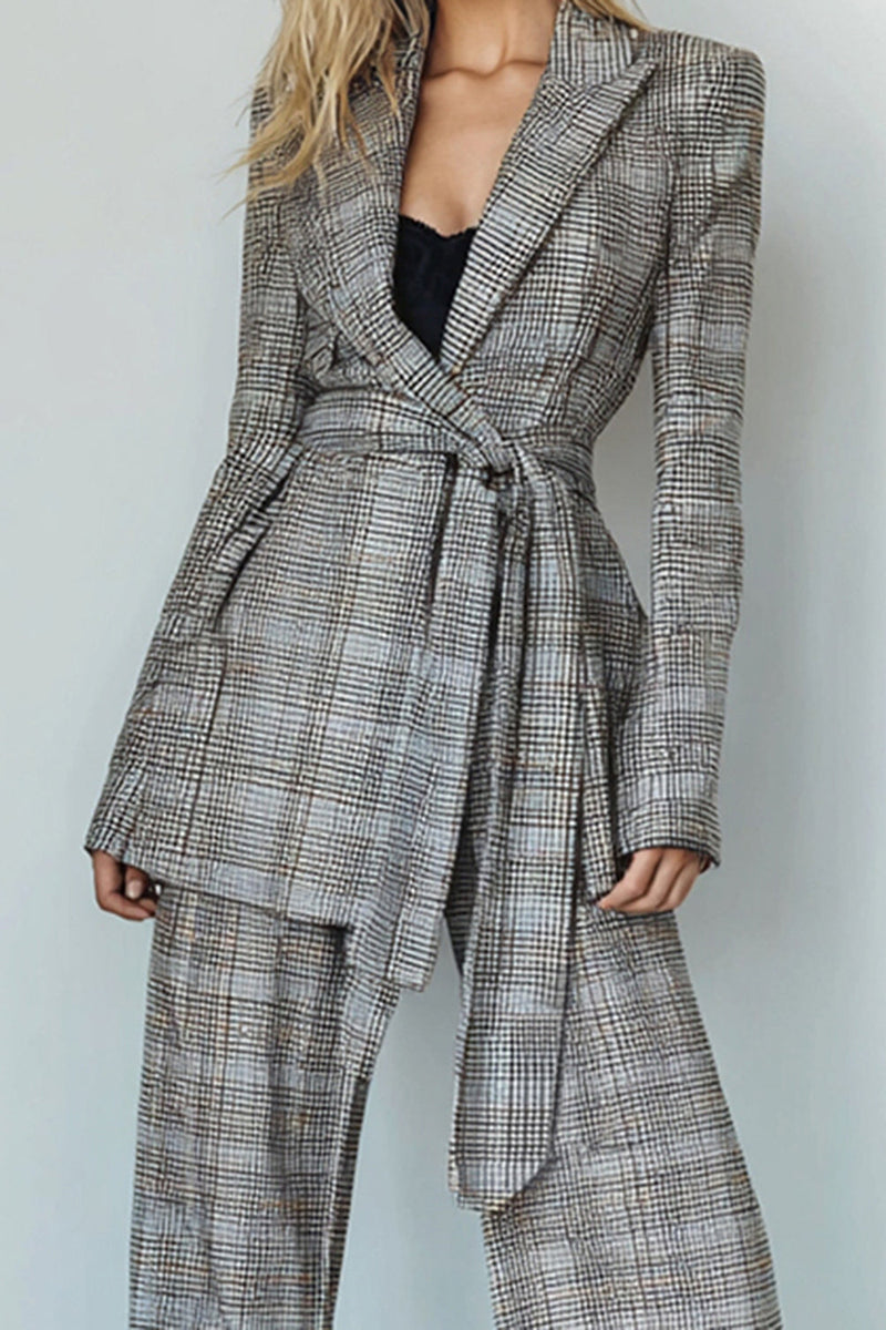 Queendancer Women Grey Grid 2 Piece Business Suits with Sleeves with ...