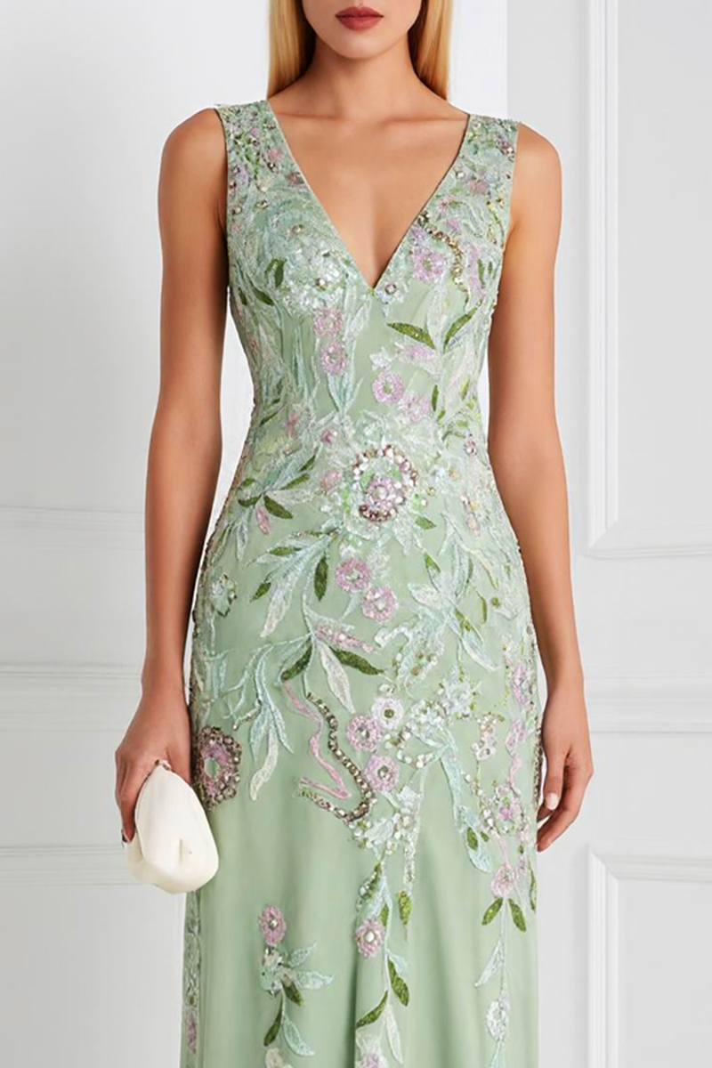 Queendancer Women Light Green Floral Long Prom Dress V Neck Appliqued ...