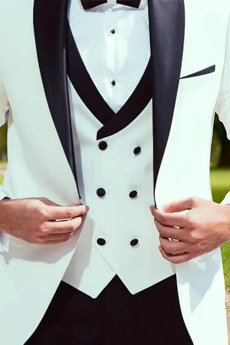 Queendancer Men White 3 Piece Men Prom Suits with Sleeves Shawl Lapel ...