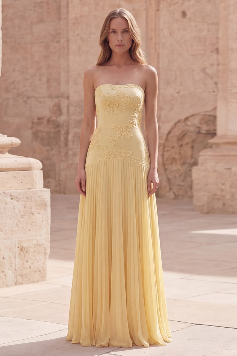 Queendancer Women Yellow Long Floral Strapless Appliqued A Line Chiffon ...