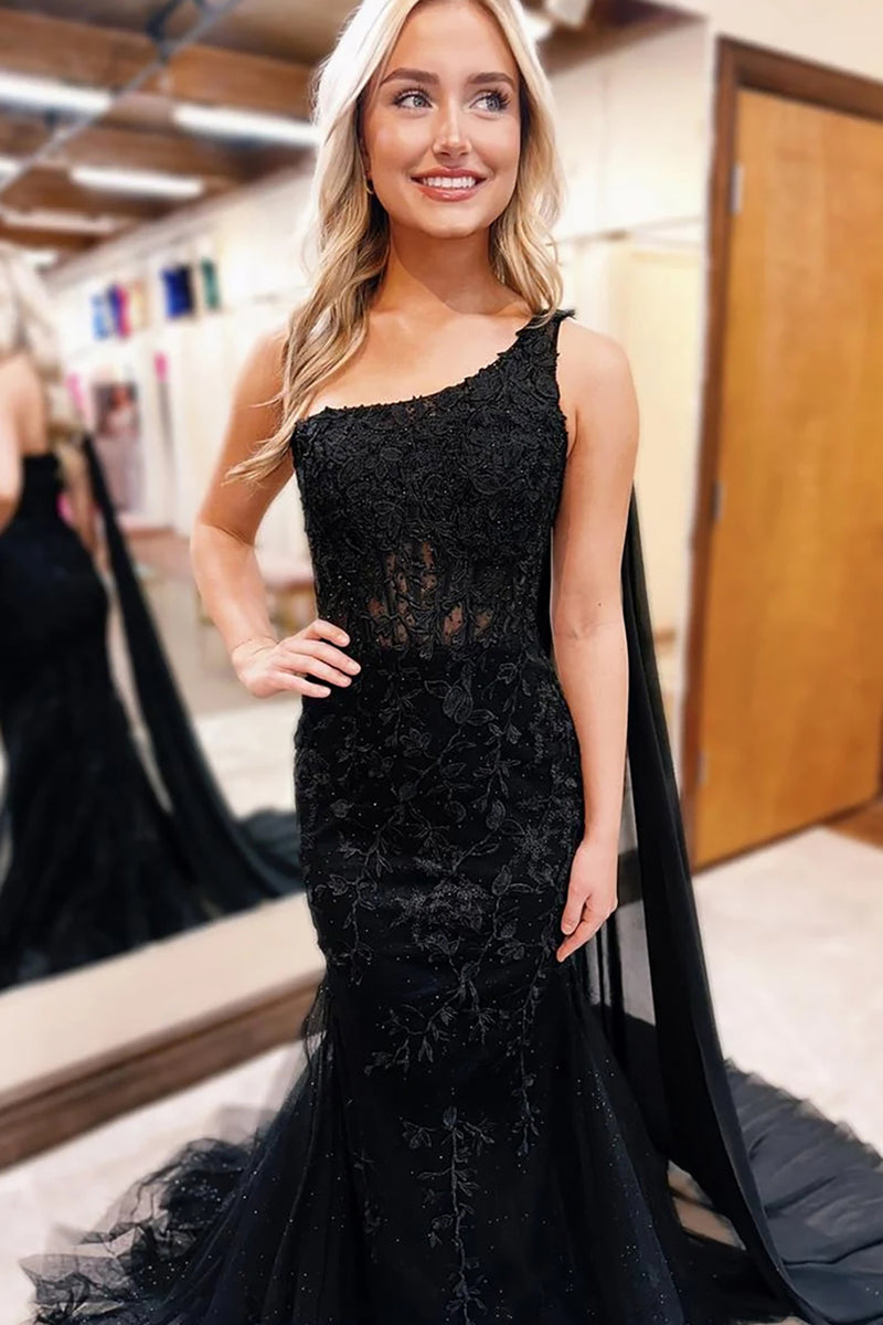 Queendancer Women Black Corset Tulle Prom Dress with Lace Appliques One ...