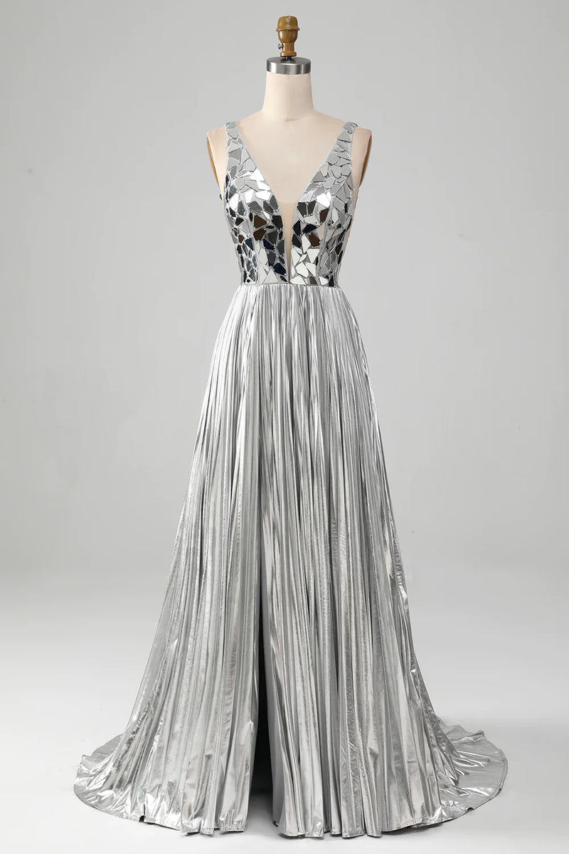 Queendancer Women Sparkly Silver Long Mirror Prom Dress A Line Backless ...