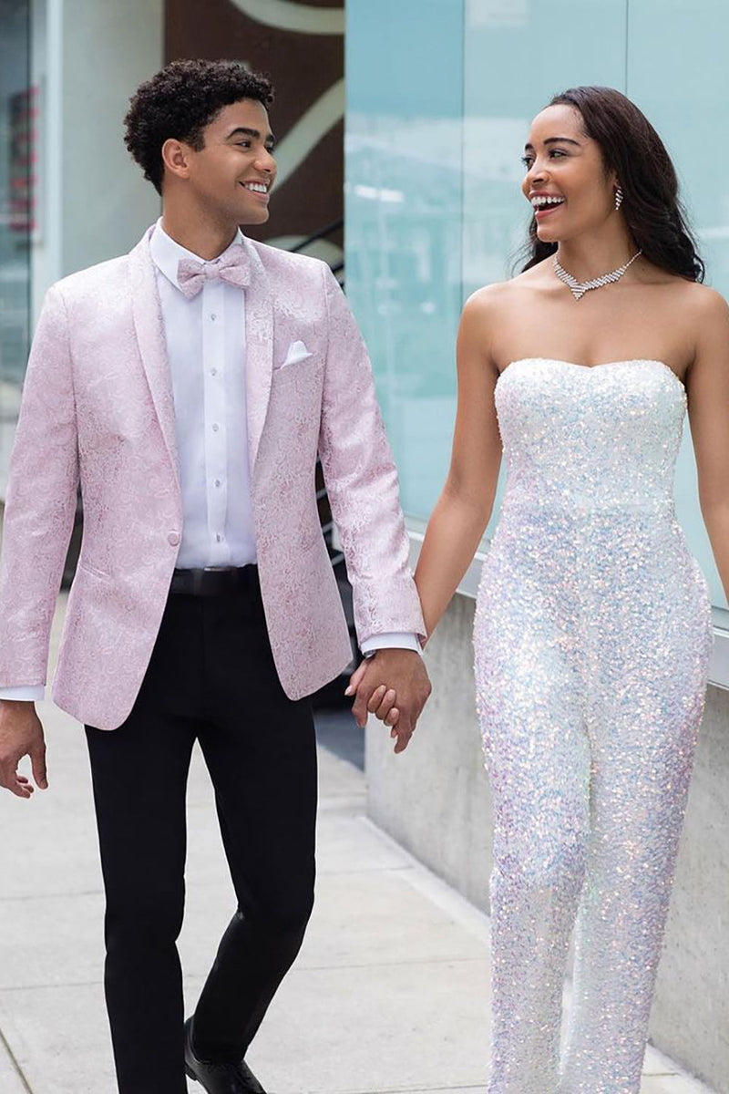 Queendancer Men Light Pink Men's Prom Suits Shawl Lapel Jacquard ...