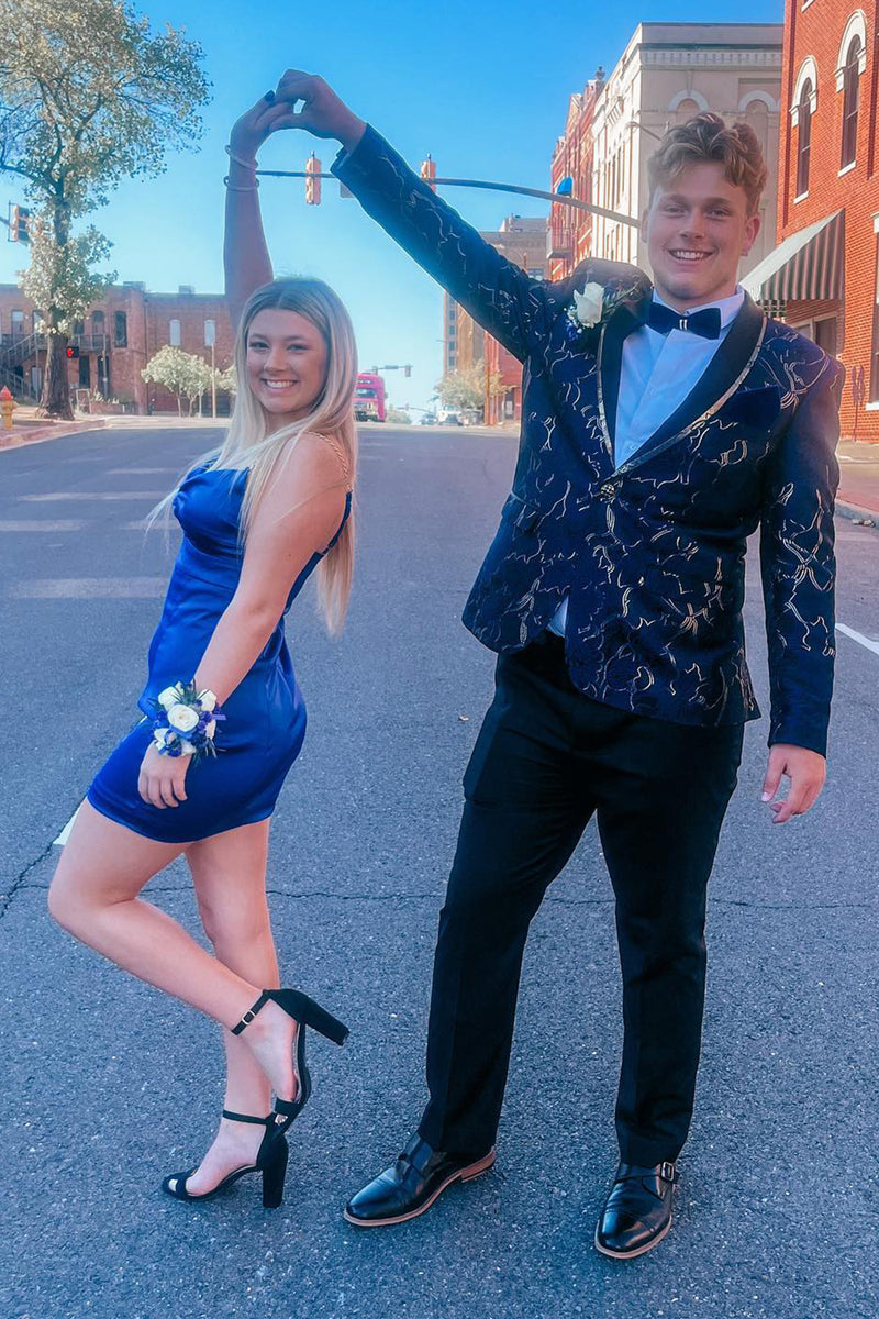 Queendancer Men Shawl Lapel Prom Suits Dark Navy Jacquard One Button 2 ...