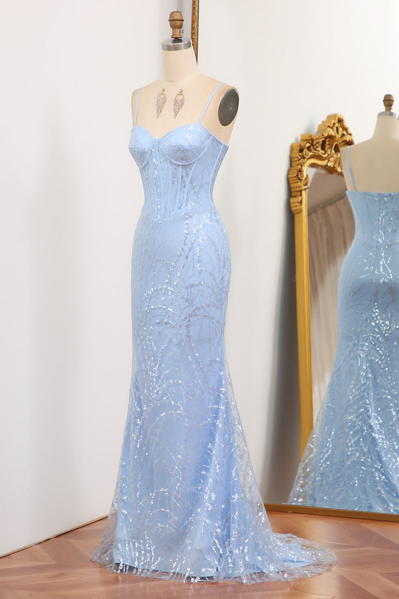 Queendancer Women Light Blue Long Corset Prom Dress Mermaid Spaghetti ...