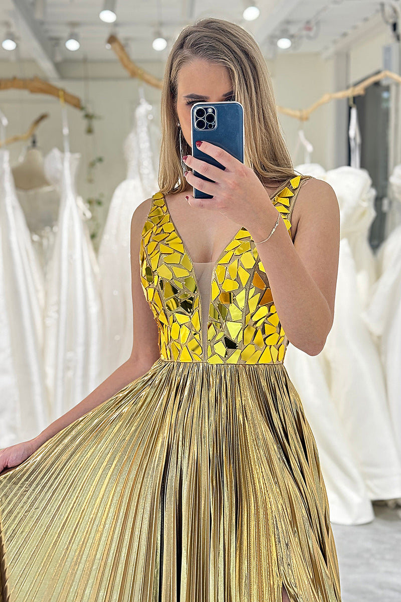 Queendancer Women Sparkly Golden Long Mirror Prom Dress A Line Backless ...