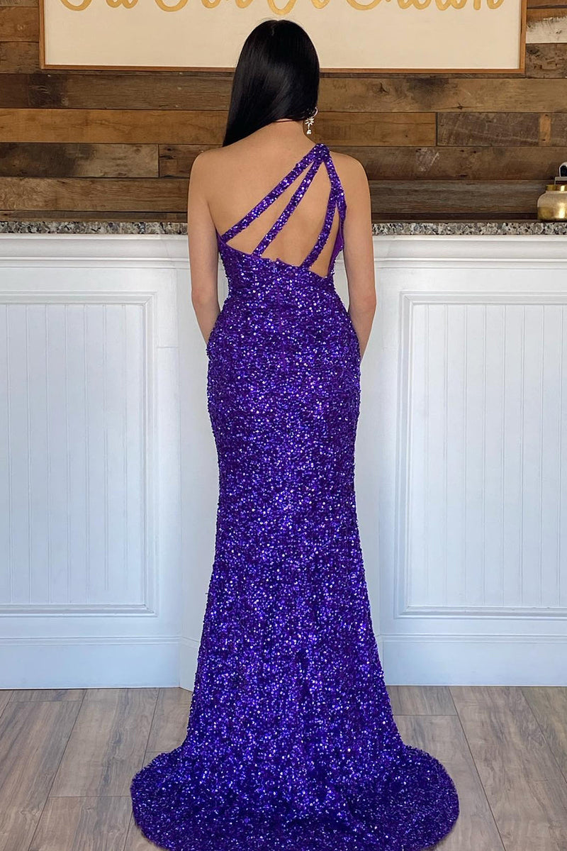 Queendancer Women Dark Purple Sequins Party Dress Mermaid One Shoulder ...