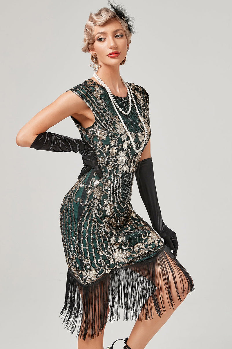 Queendancer Women 1920s Dress Green Round Neck Golden Embroidery ...