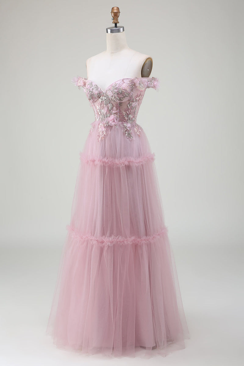 Queendancer Women Off the Shoulder Tulle Pink Prom Dress with Appliques ...