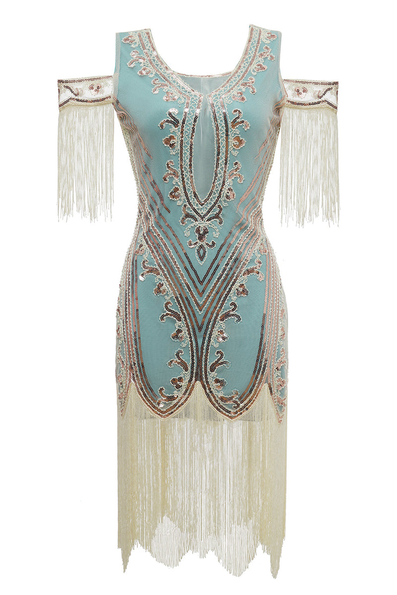 Queendancer Women Green 1920s Dress with Fringes Sheath Cold Shoulder ...