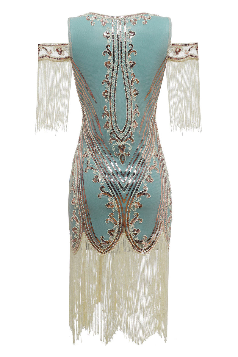 Queendancer Women Green 1920s Dress with Fringes Sheath Cold Shoulder ...