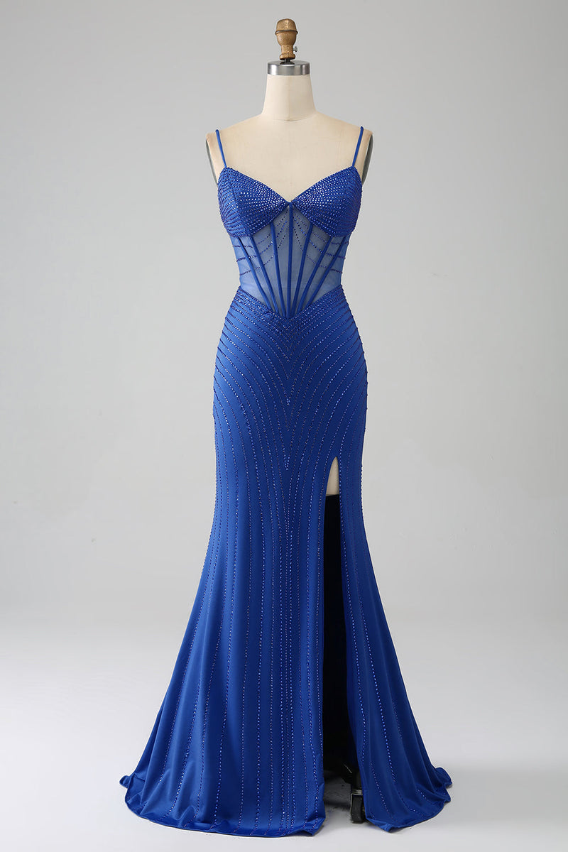Queendancer Women Royal Blue Corset Prom Dress with Beading Mermaid ...