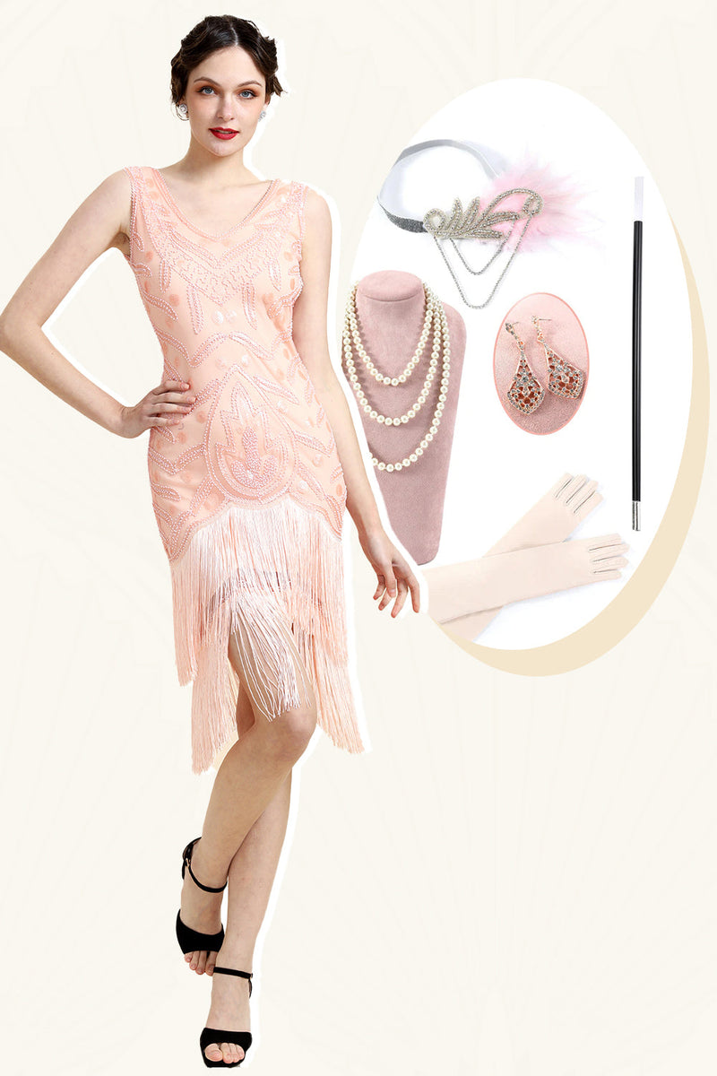 Queendancer Women Vinatge Beaded Pink Fringed Flapper Dress with 1920s ...