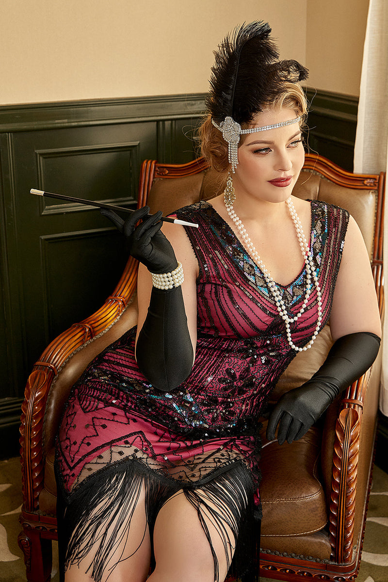Queendancer Women 1920s Gatsby Dress Plus Size V-Neck Fuchsia ...